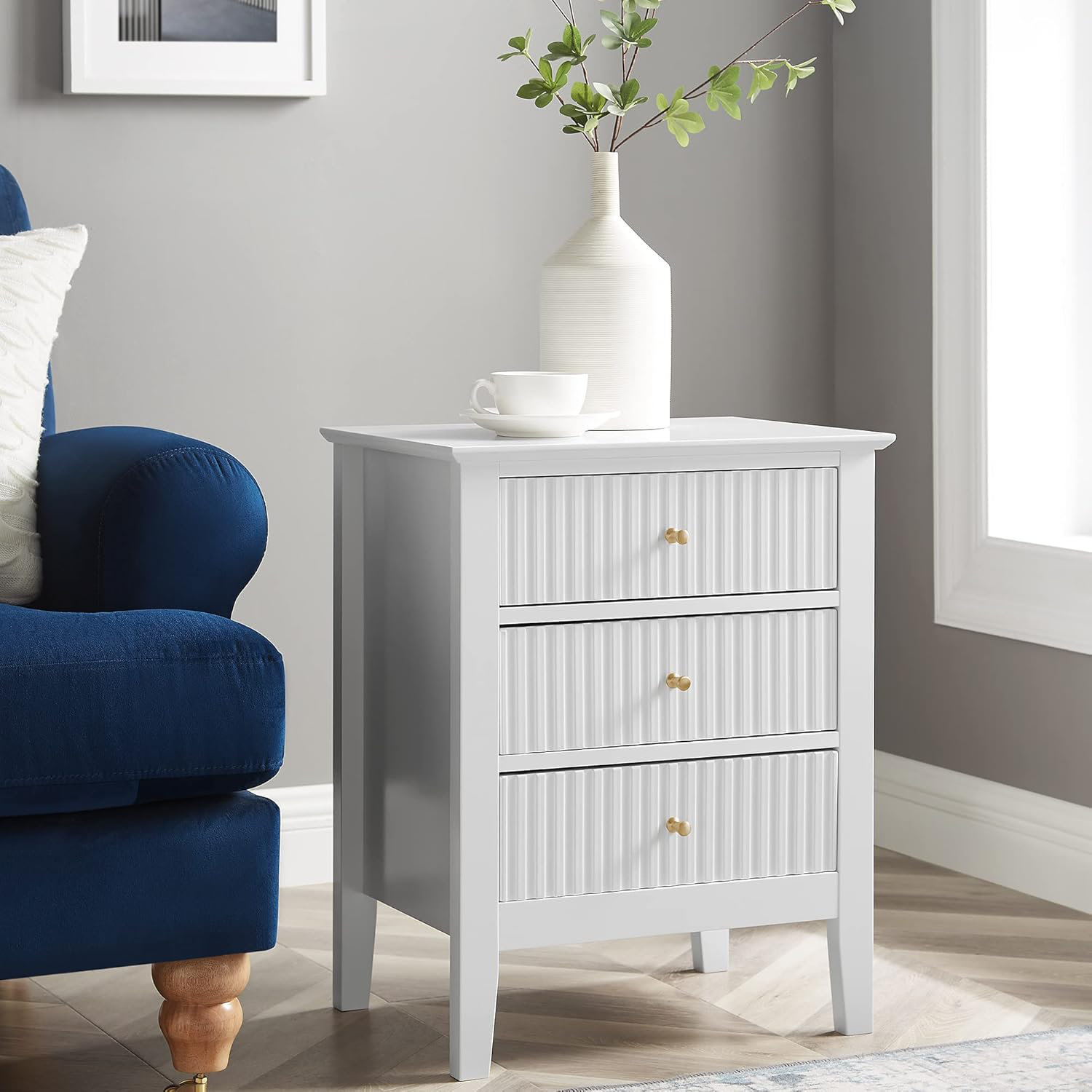 Lark Manor White Bed Side Table With 3 Drawers 19" W, Bedroom Nightstand 24" H,Vintage Modern ...